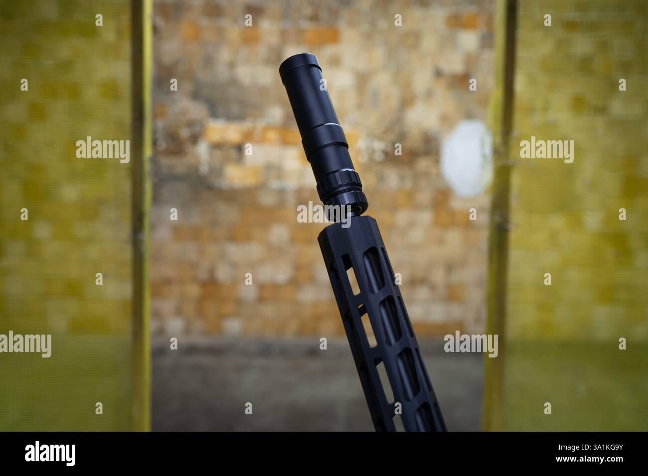 Modern rifle with silencer at shooting range, close-up photo Stock ...