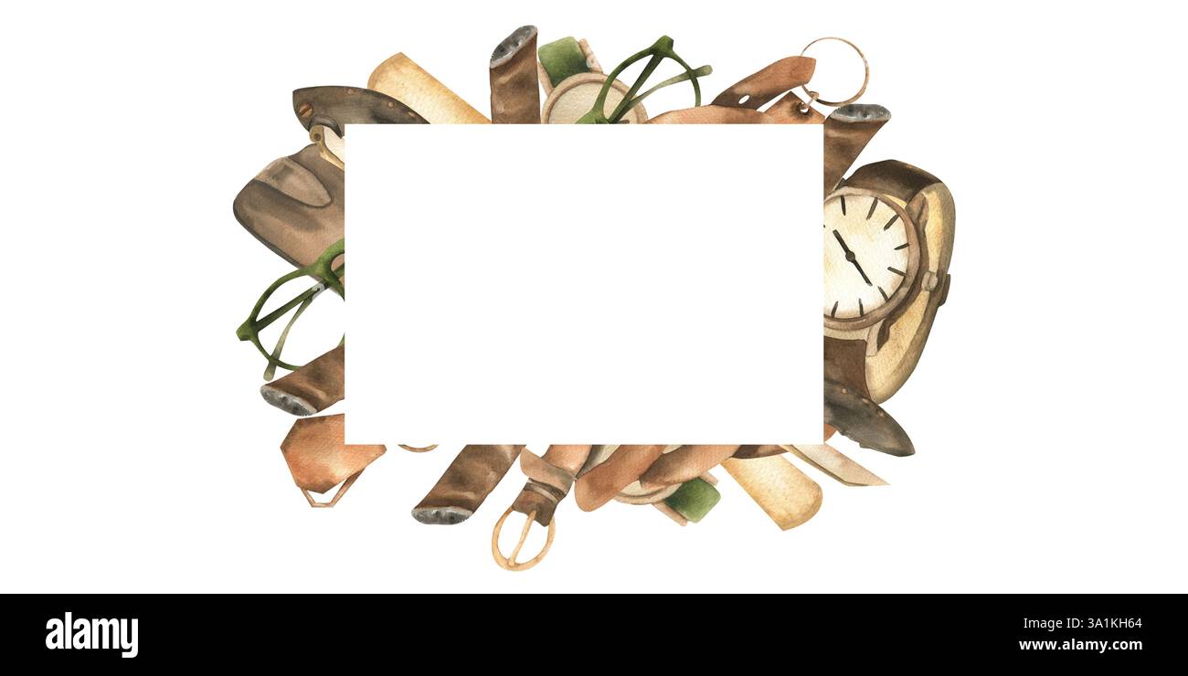 Male accessories fashionable banner template with watercolor watch,belt ...