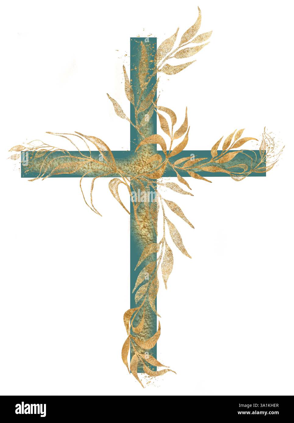 Watercolor cross with delicate golden flora elements clipart, easter ...