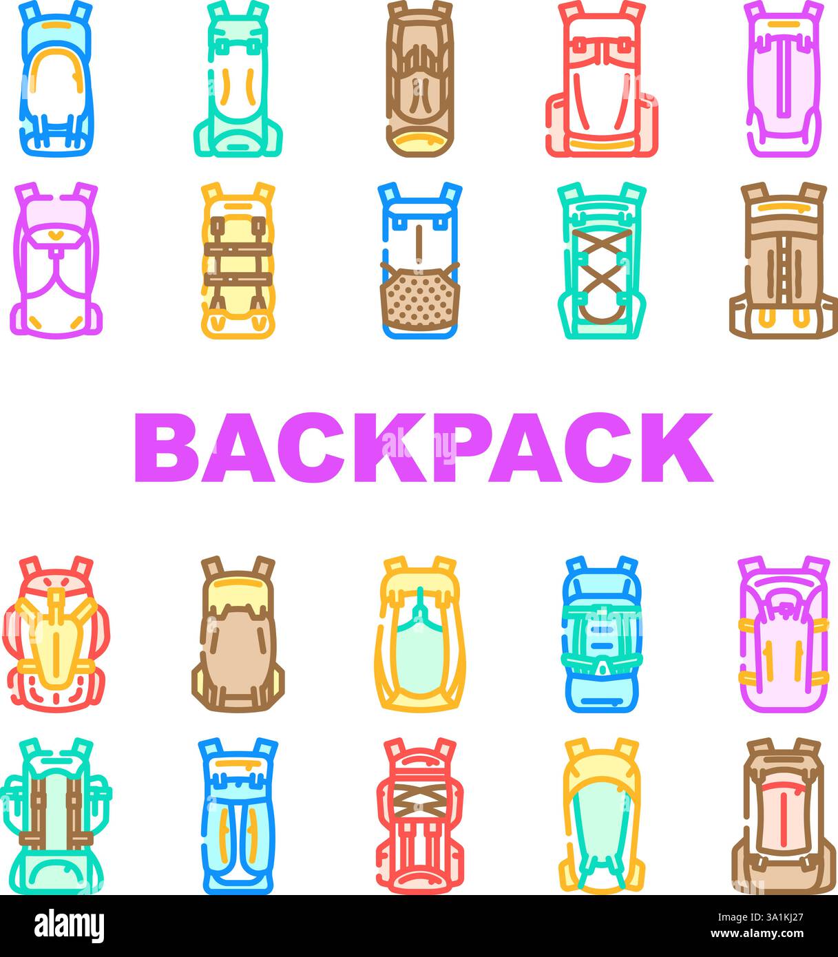hiking backpack trail adventure icons set vector Stock Vector Image ...