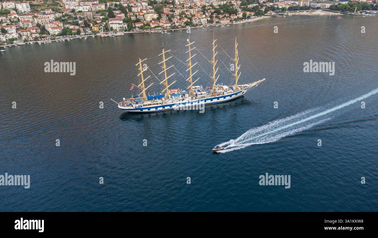 Royal Clipper a five-masted tall ship used as a cruise ship. Aerial ...