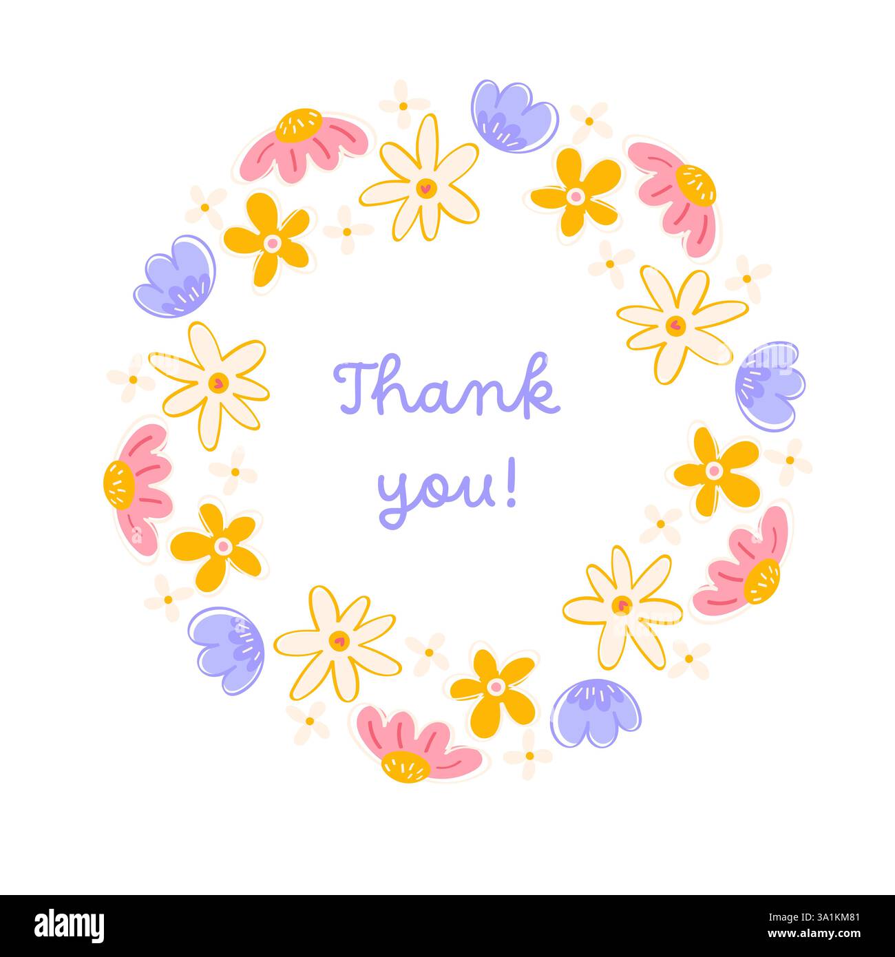 Floral Wreath Thank You Card Template with Hand Drawn Flowers Spring ...