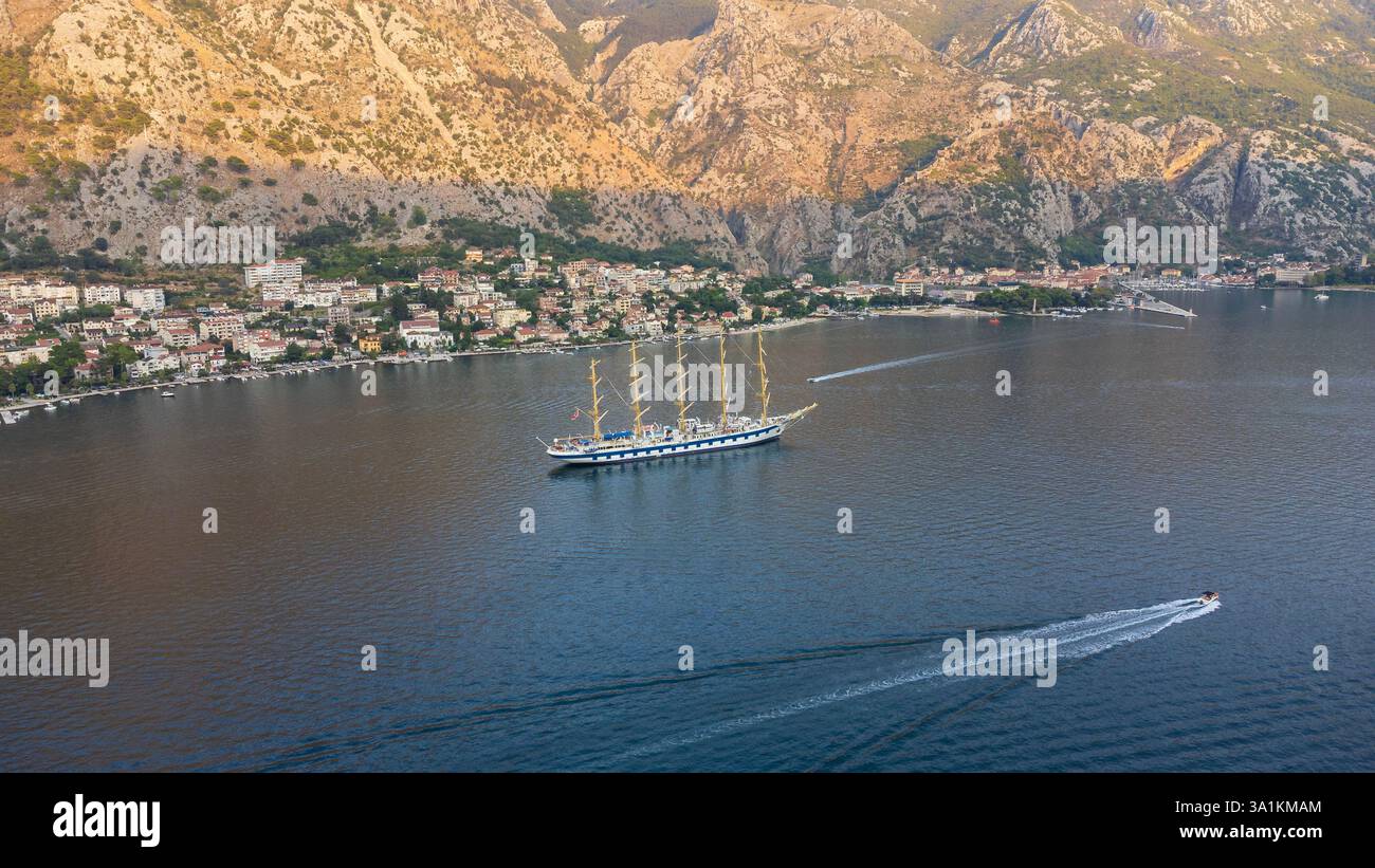 Aerial view of the Star Clipper sailing ship in the Bay of Kotor in the ...