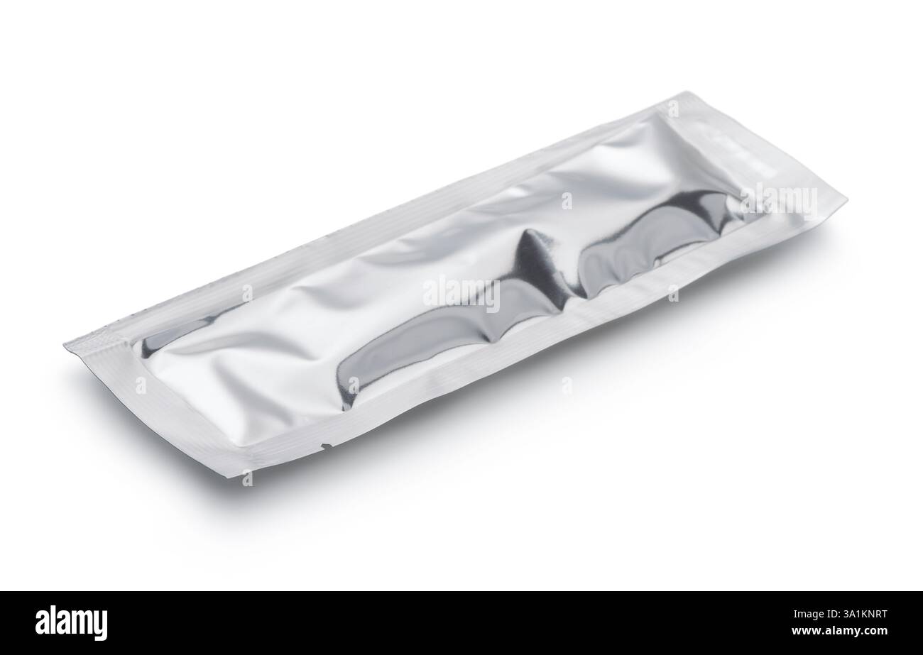 Silver foil packaging sachet isolated on white Stock Photo - Alamy