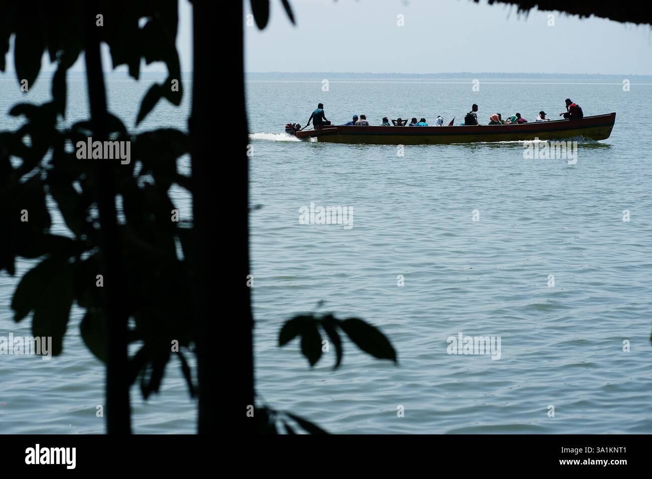 A boat on Lake Izabal in El Estor, Guatemala. The Mayan people’s ...