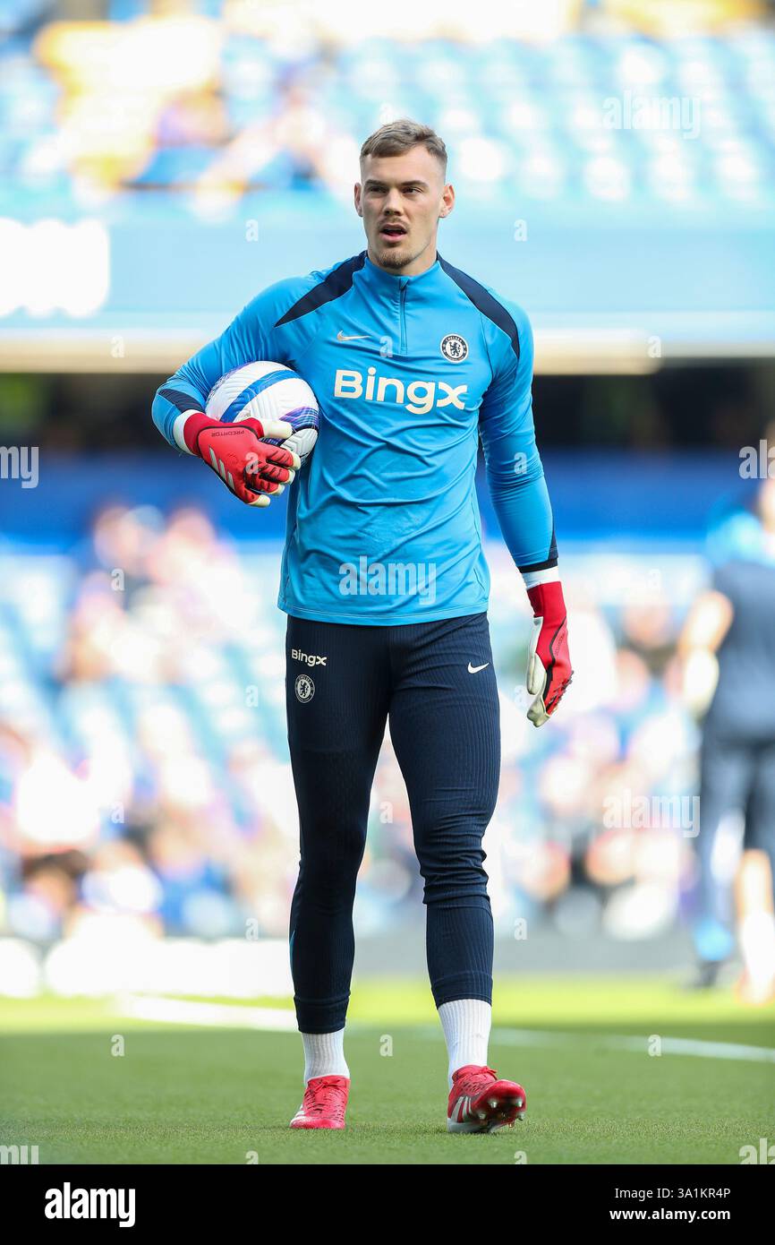 London, UK. 09th Mar, 2025. Filip Jorgensen of Chelsea FC warming up ...