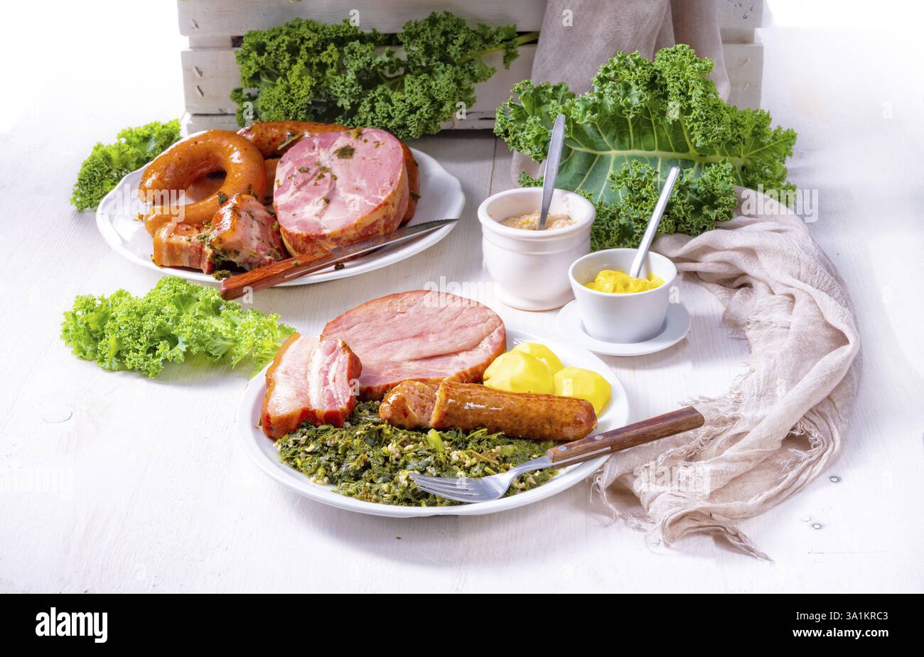 A delicious genuine oldenburger kale with peeked pinkel sausage Stock ...