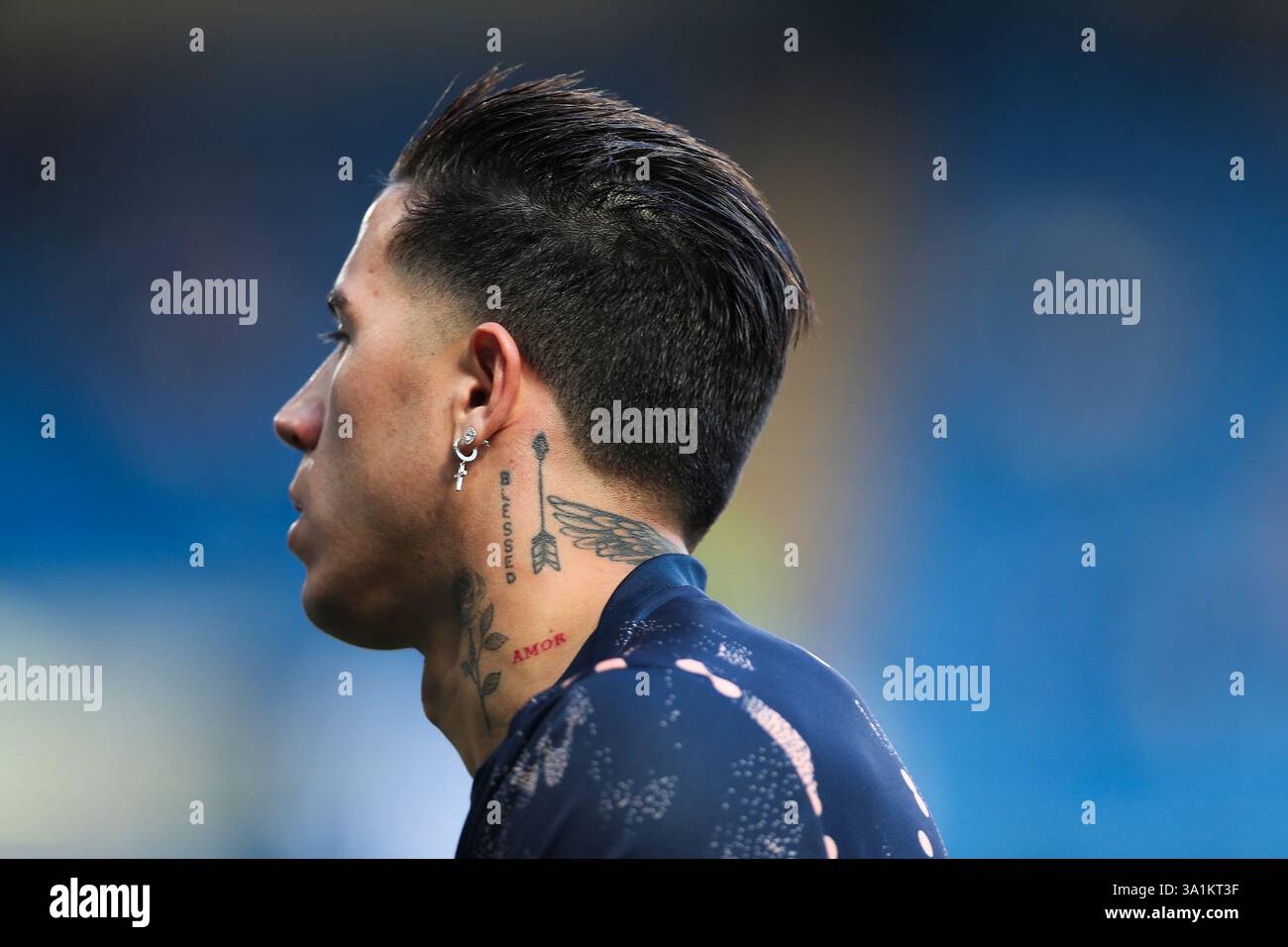 London, UK. 09th Mar, 2025. Enzo Fernandez of Chelsea FC tattoo detail ...