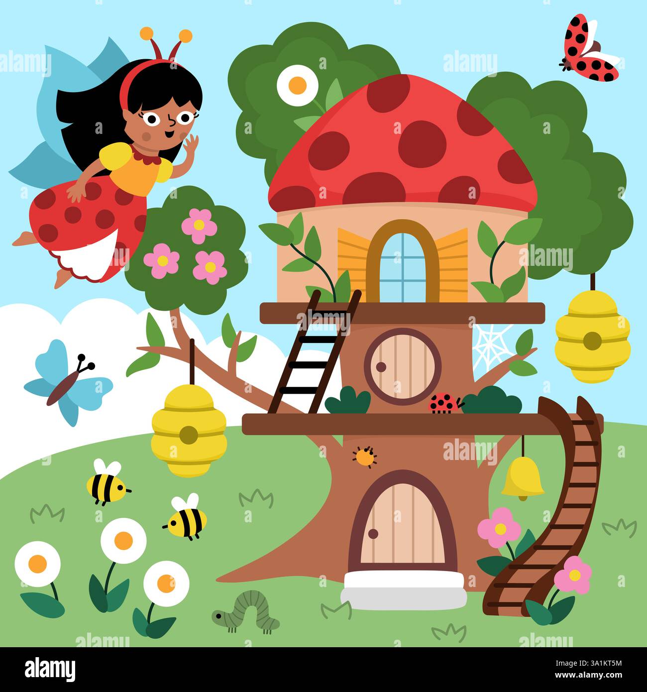 Vector square fairyland background with bug fairy, ladybird treehouse ...