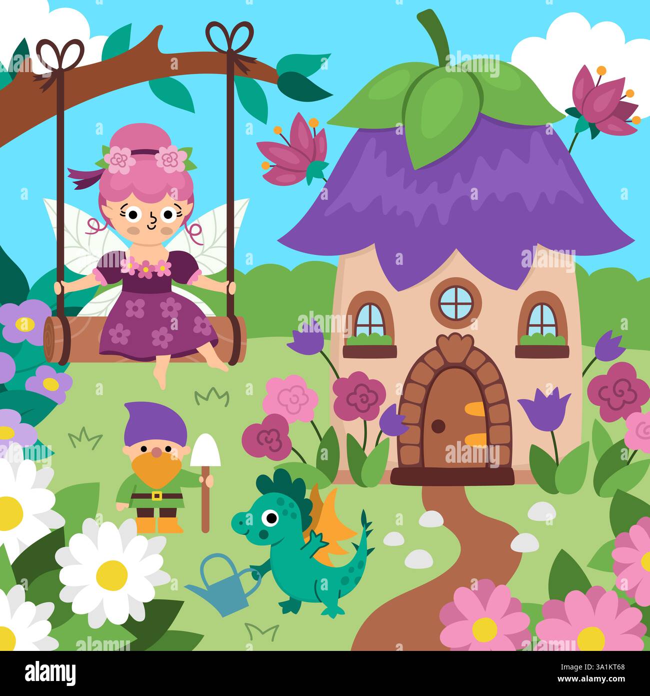 Vector square fairyland background with flower fairy, garden, tulip ...