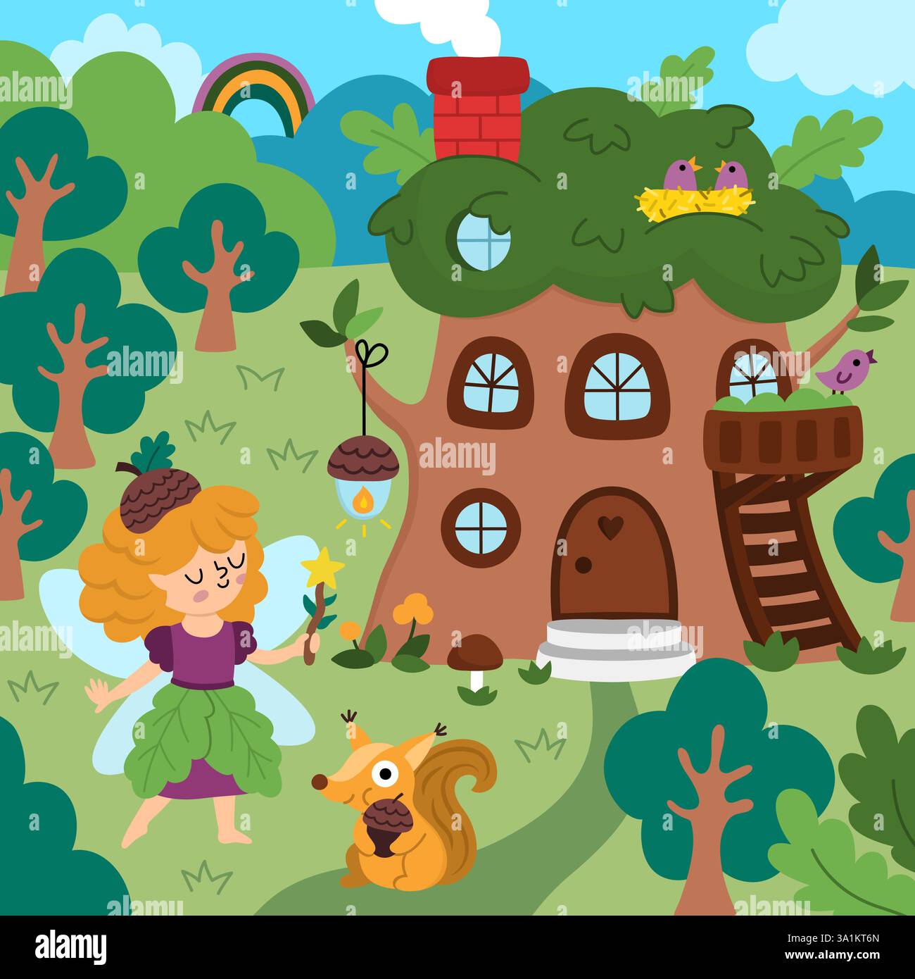 Vector square fairyland background with acorn fairy, treehouse ...