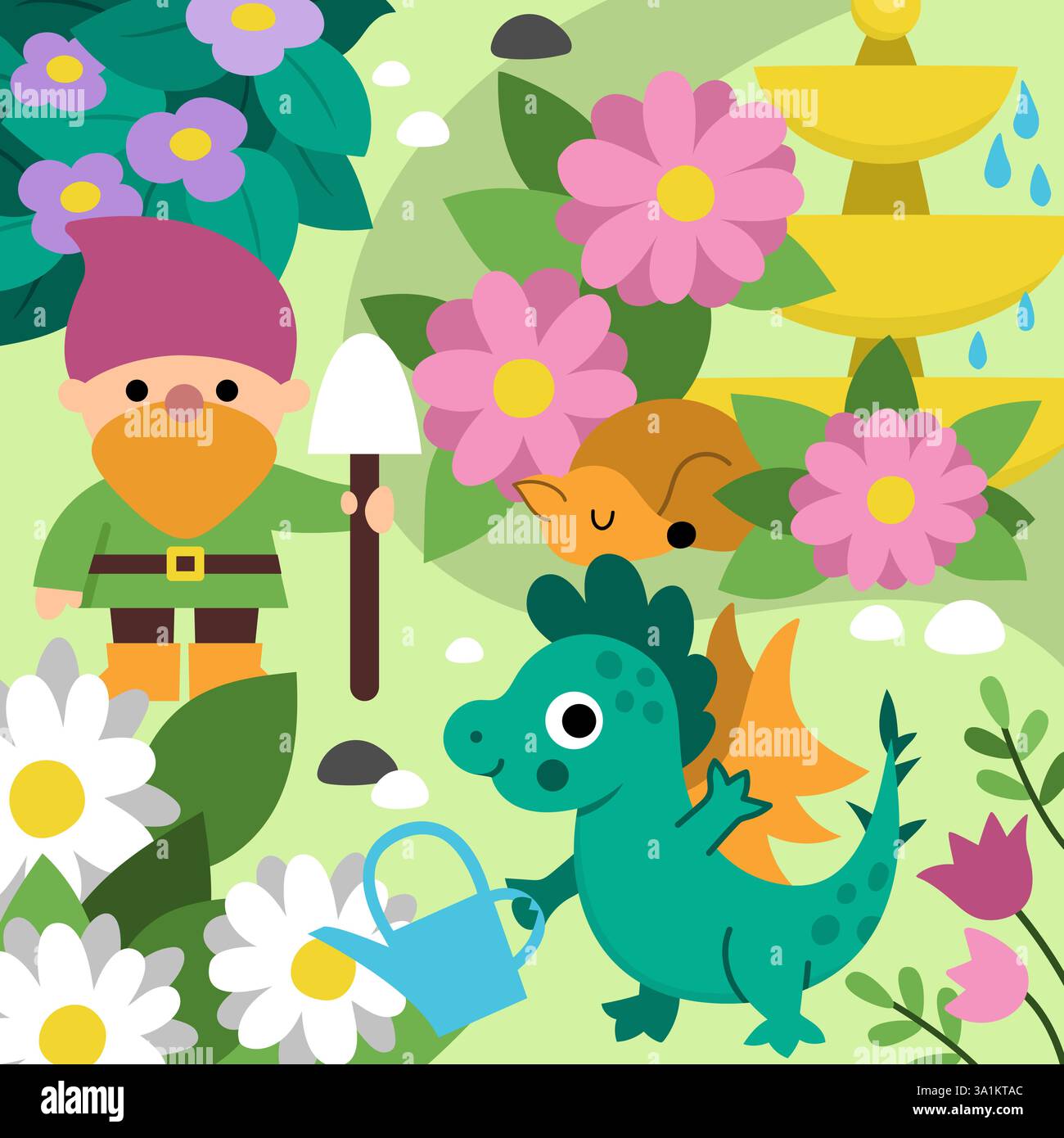 Vector square fairyland background with garden gnome, flowers, dragon ...