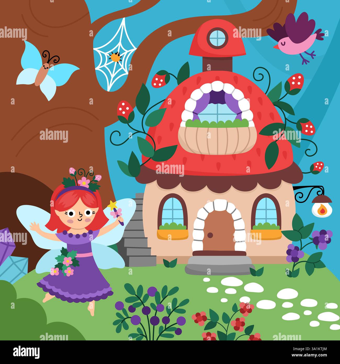Vector square fairyland background with berry fairy, strawberry house ...