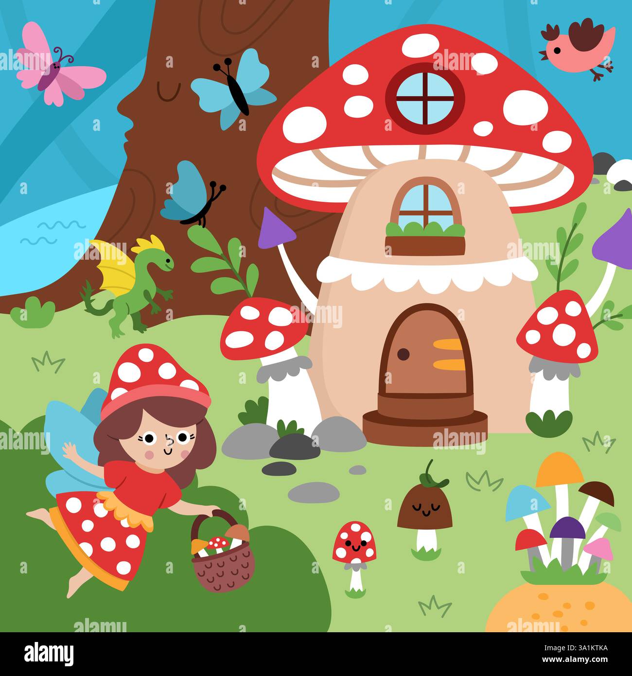 Vector square fairyland background with mushroom fairy, toad stool ...