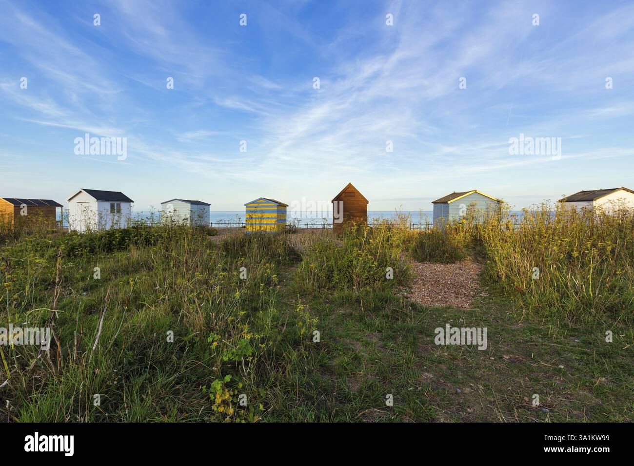 Colourful beach huts on a shingle beach, Cirrus, Kingsdown Beach ...
