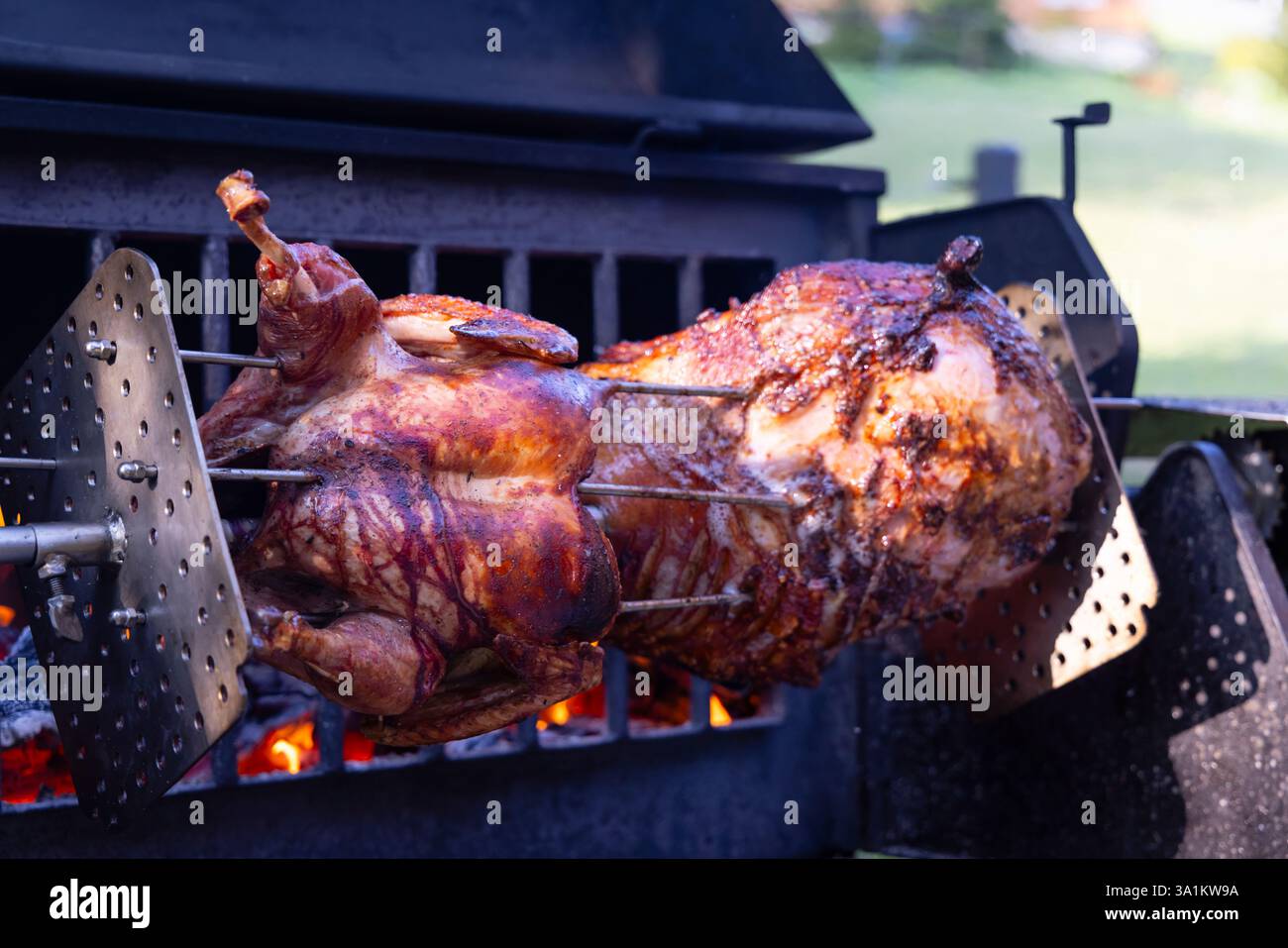 Roasting pork and turkey on spit Stock Photo - Alamy