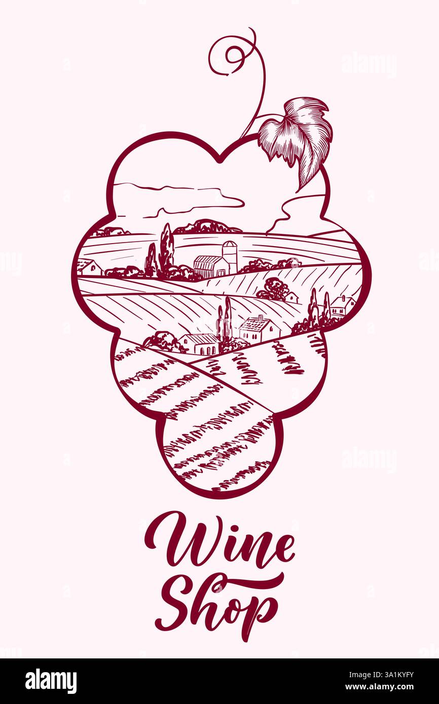 Grapes with Tuscany landscape and vineyard fields. Hand-drawn vector sketch illustration. Wine ...