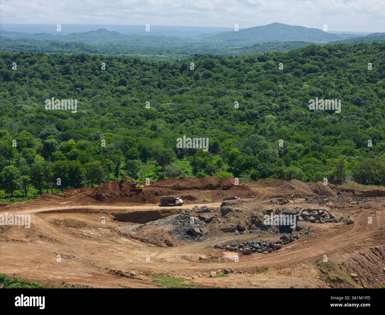 Geogological quarry mine aerial drone view on green jungle background ...