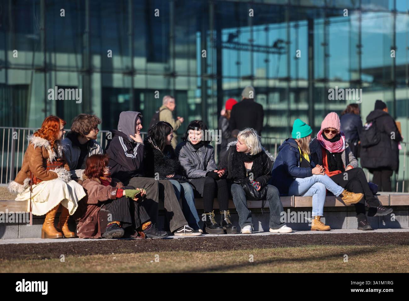 March 8, 2025, Helsinki, Uusimaa, Finland: People enjoy warm weather on ...