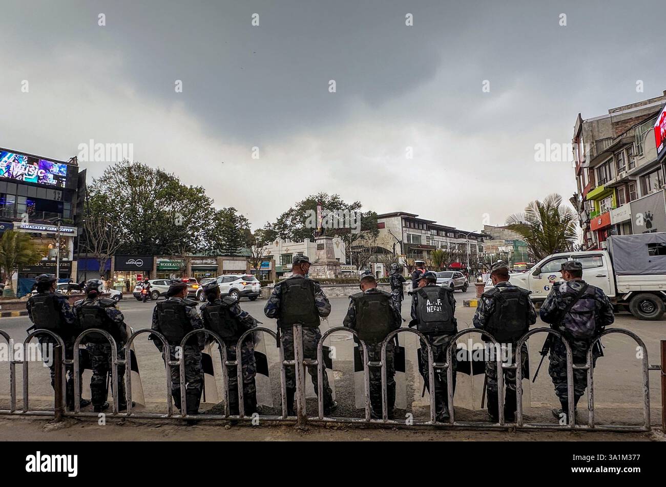 Kathmandu, Nepal. March 9, 2025: Security personnel stand in guard near ...