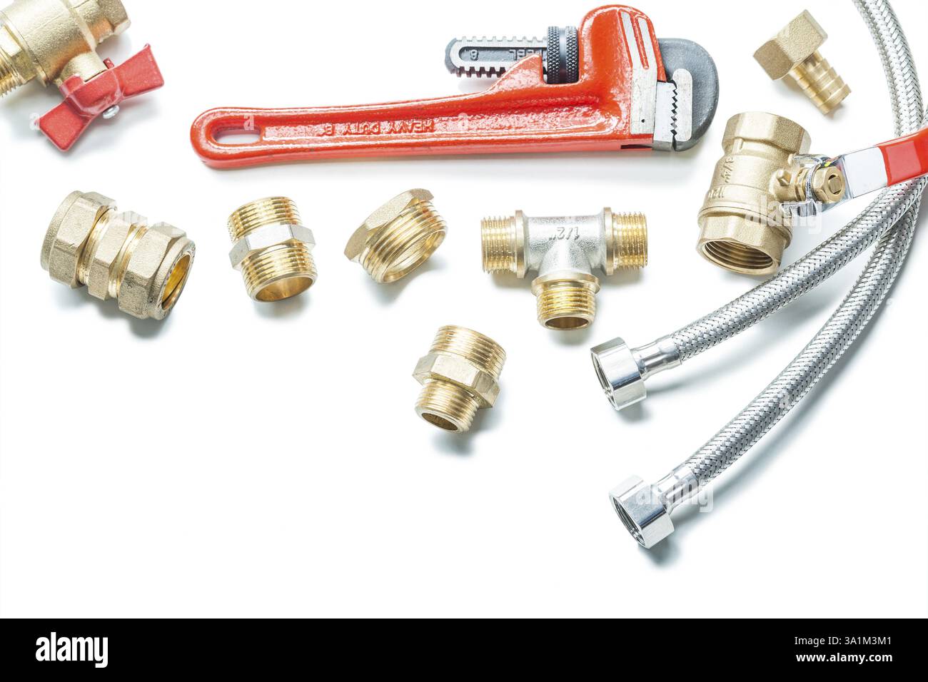 Pipe fottings fixtures and water hoses adjustable wrench isolated on ...