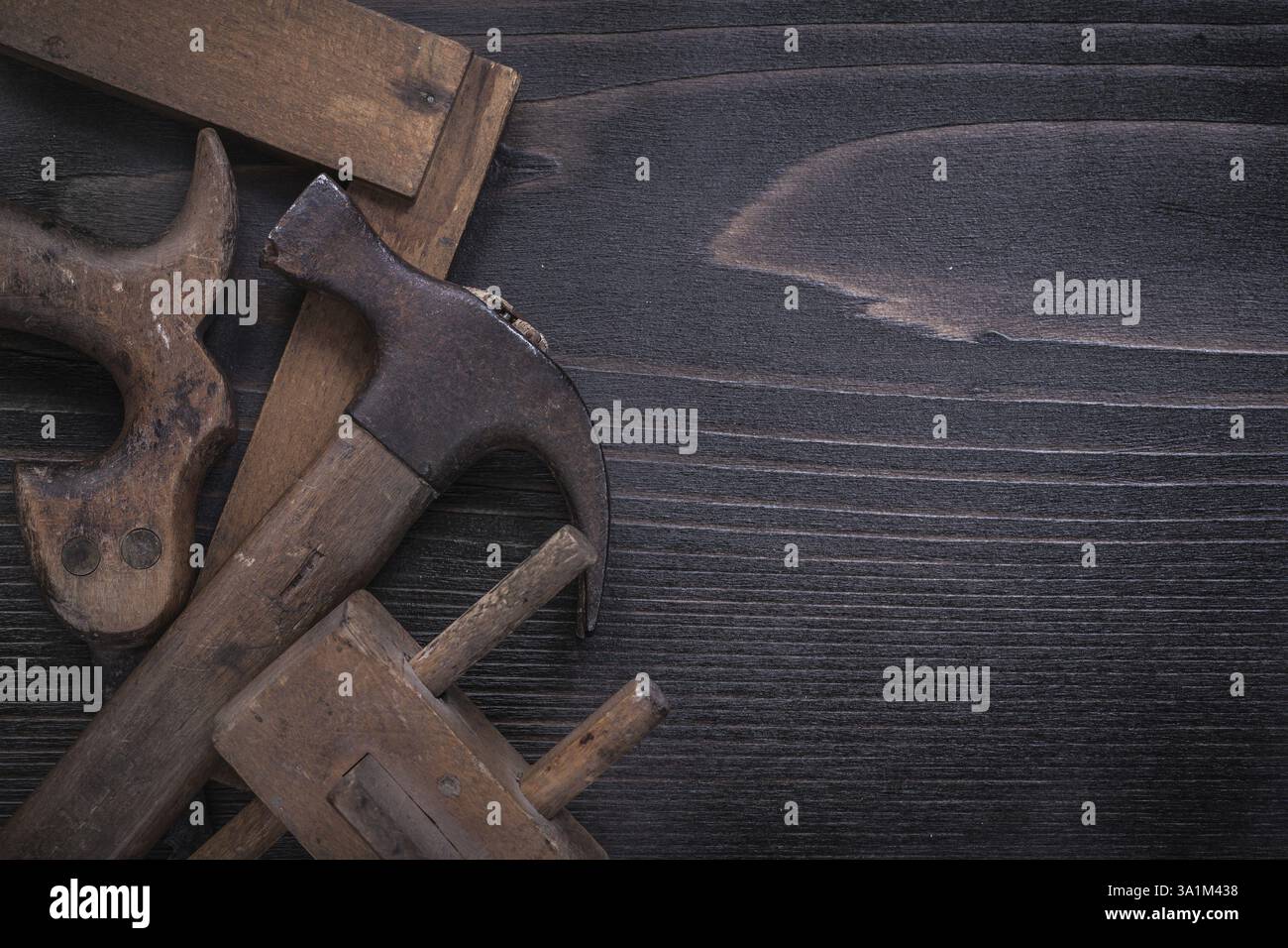 Obsolete hand saw wooden marking gauge claw hammer square ruler Stock ...