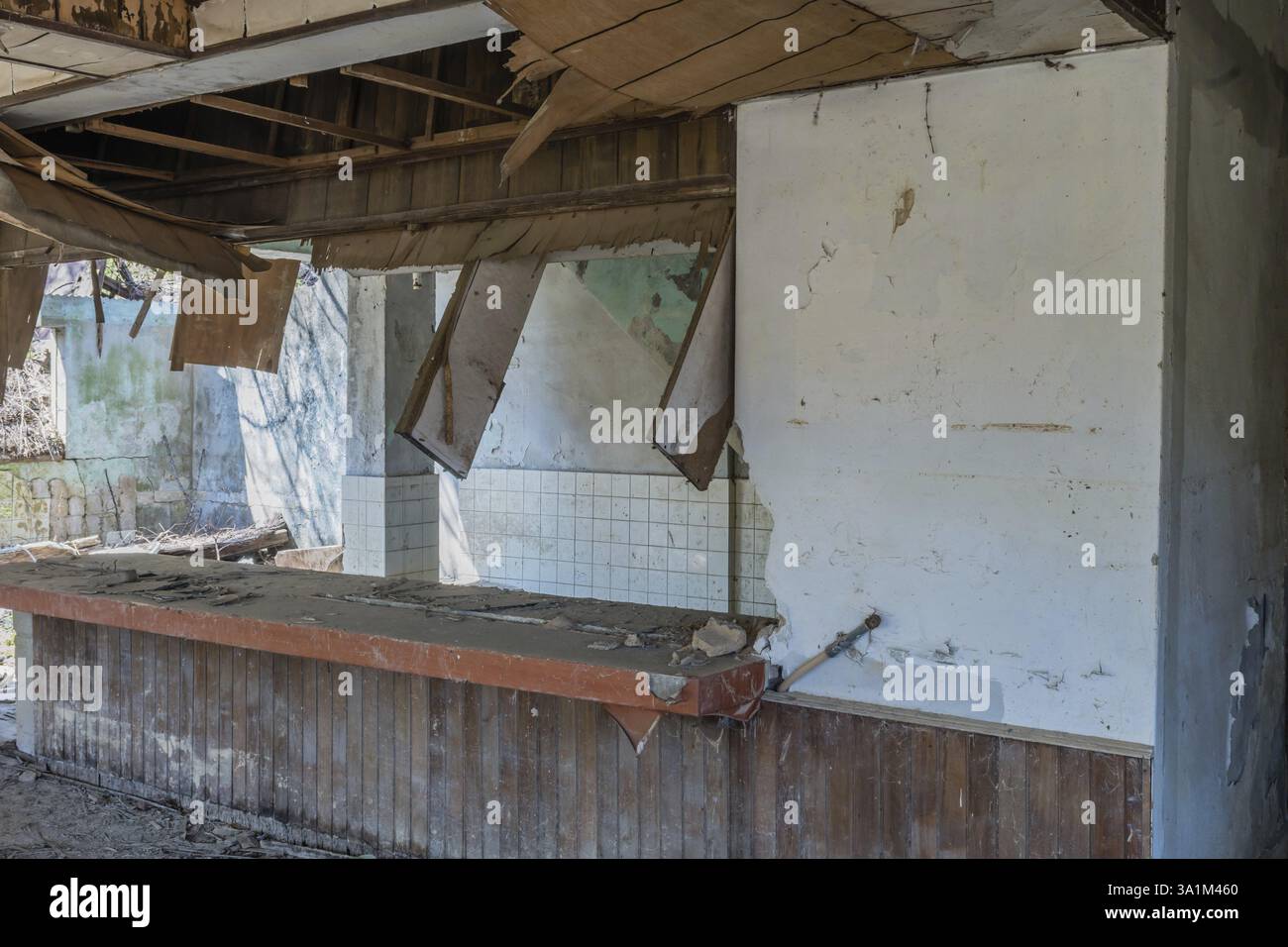 Hwanggan, South Korea, April 8, 2020: Bar area inside abandoned ...