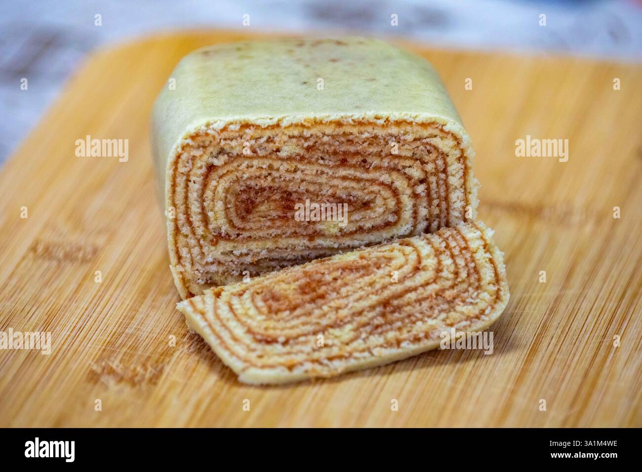 Traditional roll cake also known as Swiss roll, filled with guava paste ...