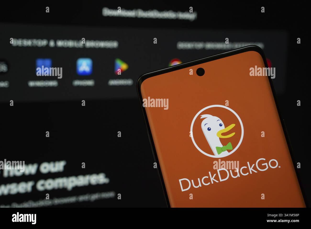 Dhaka, Bangladesh- 08 March 2025: DuckDuckGo logo is displayed on a smartphone screen, with the ...