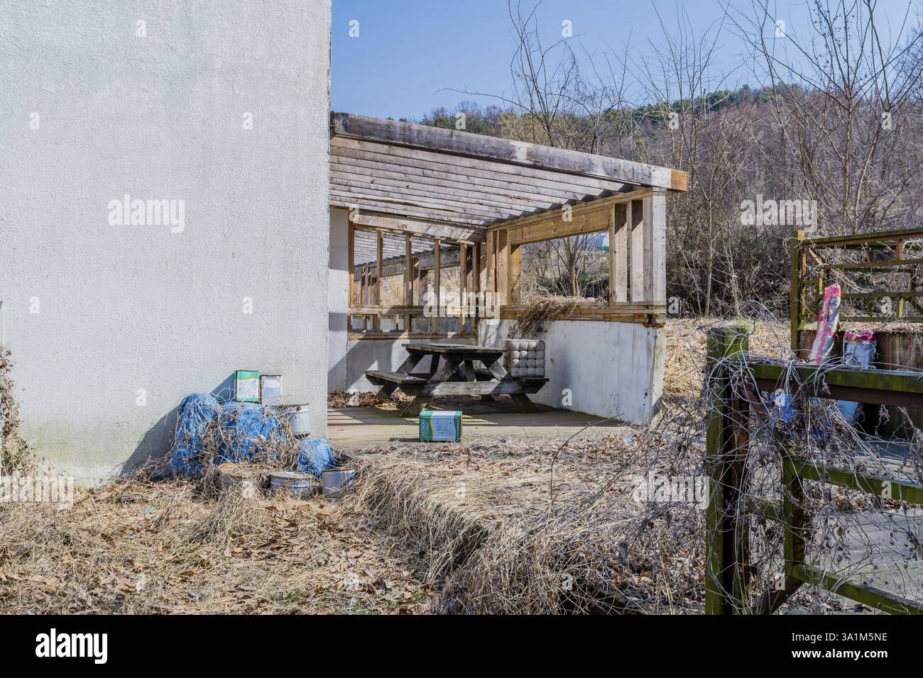 Chungju, South Korea, March 20, 2020: Side view of back patio with ...