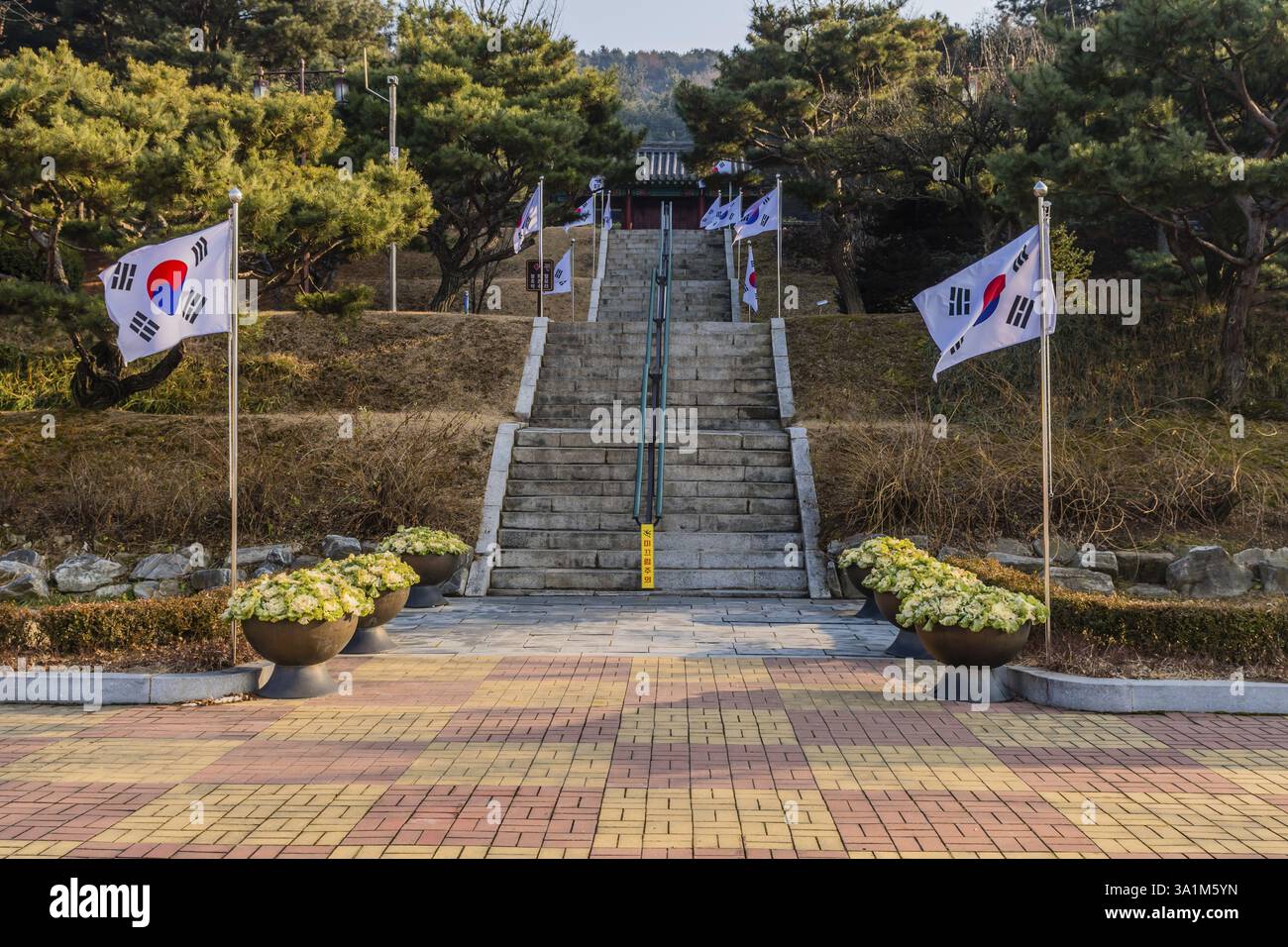 Cheonan, South Korea, January 3, 2020: Korean flags line stairway ...
