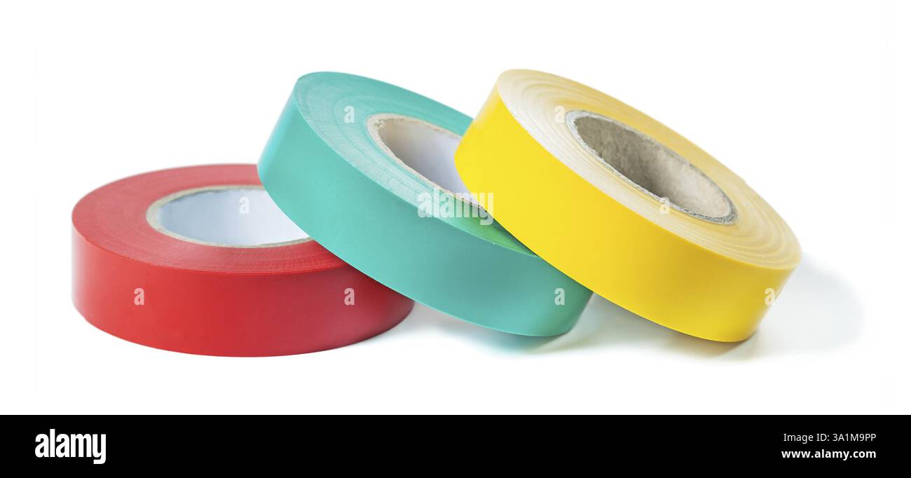 Red blue yellow rolls of insulation tape isolated on white background ...