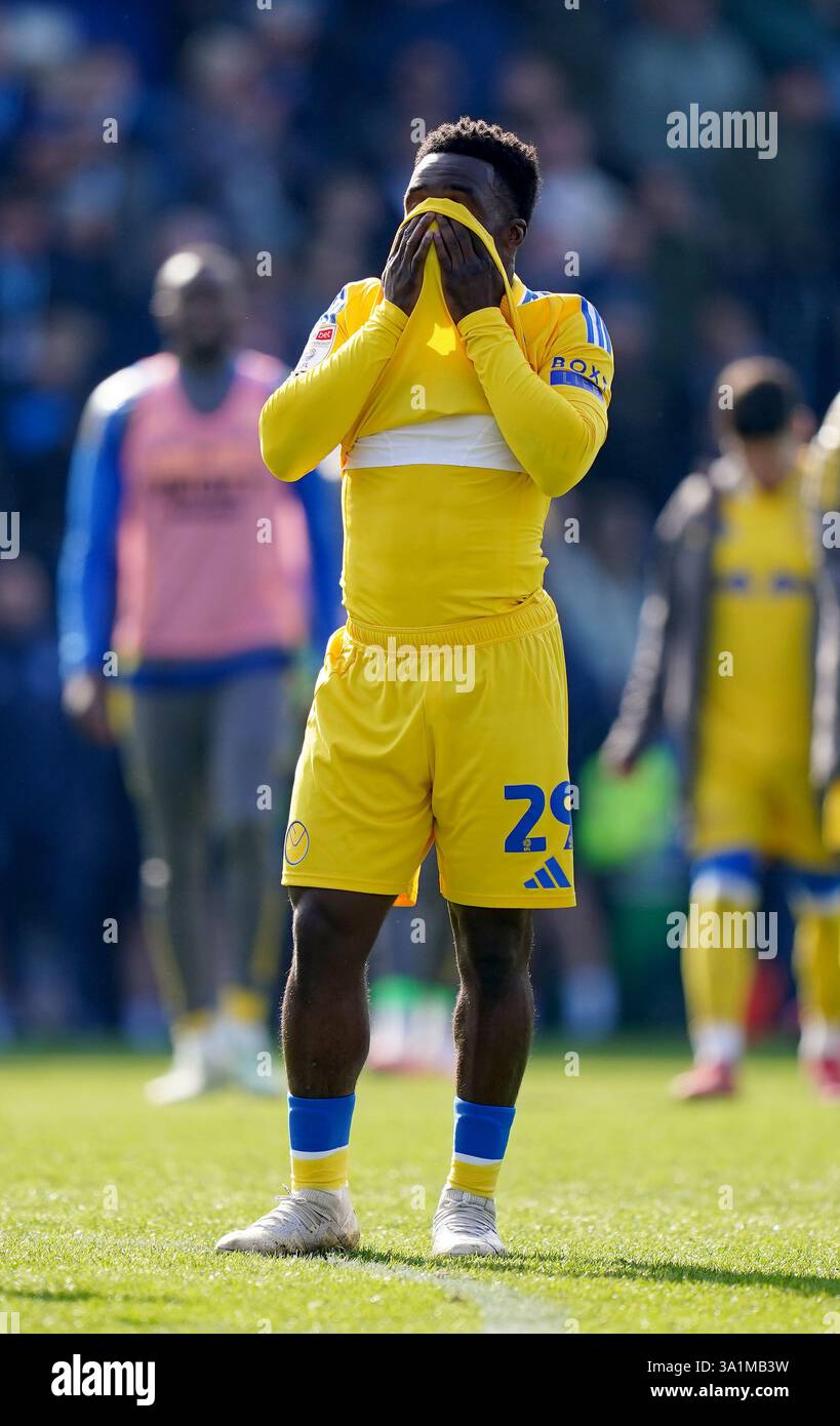 Leeds United's Wilfried Gnonto dejected at the final whistle after the ...