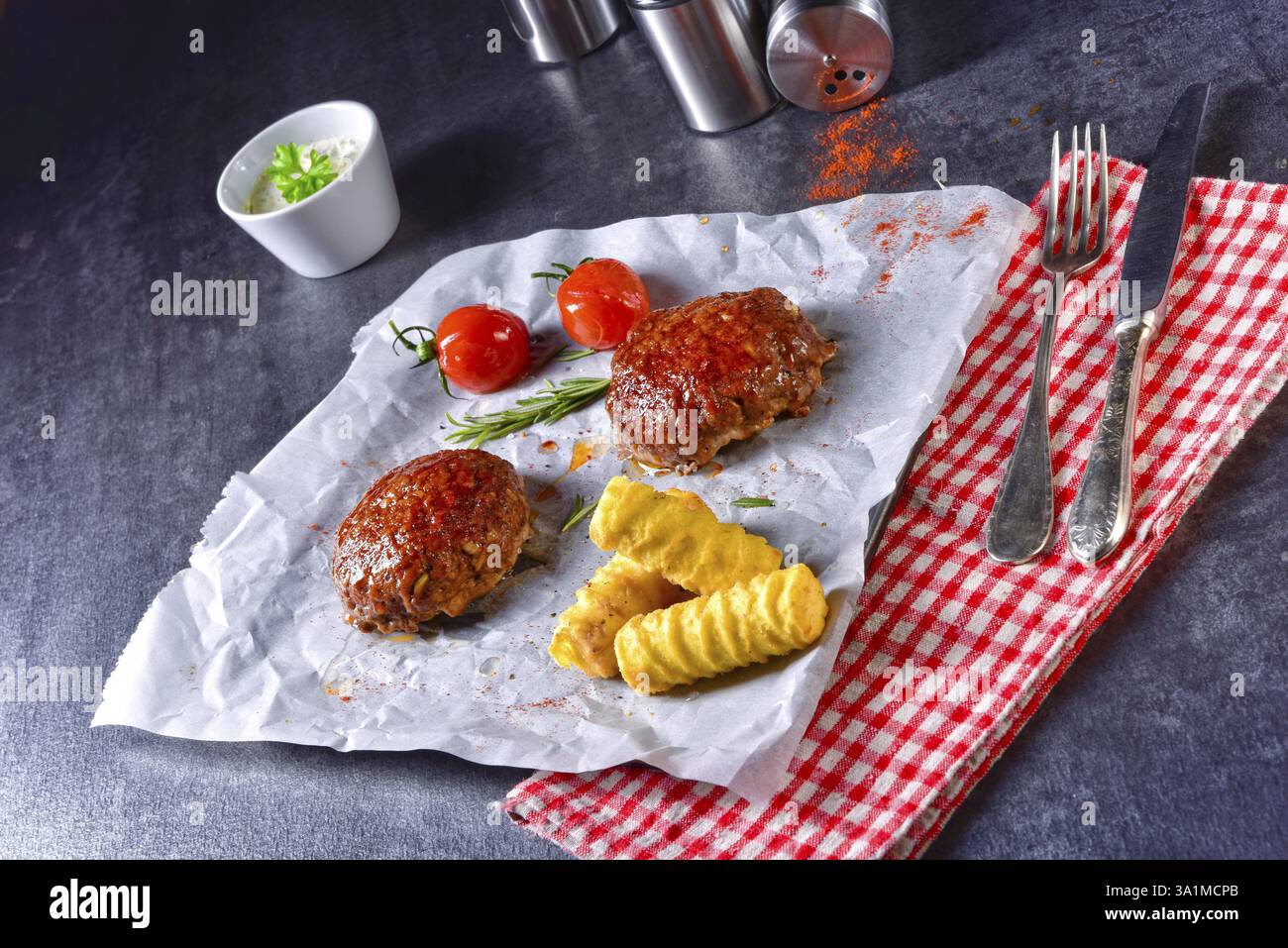 Vegetable French fries with herb quark and tomatoes Stock Photo - Alamy