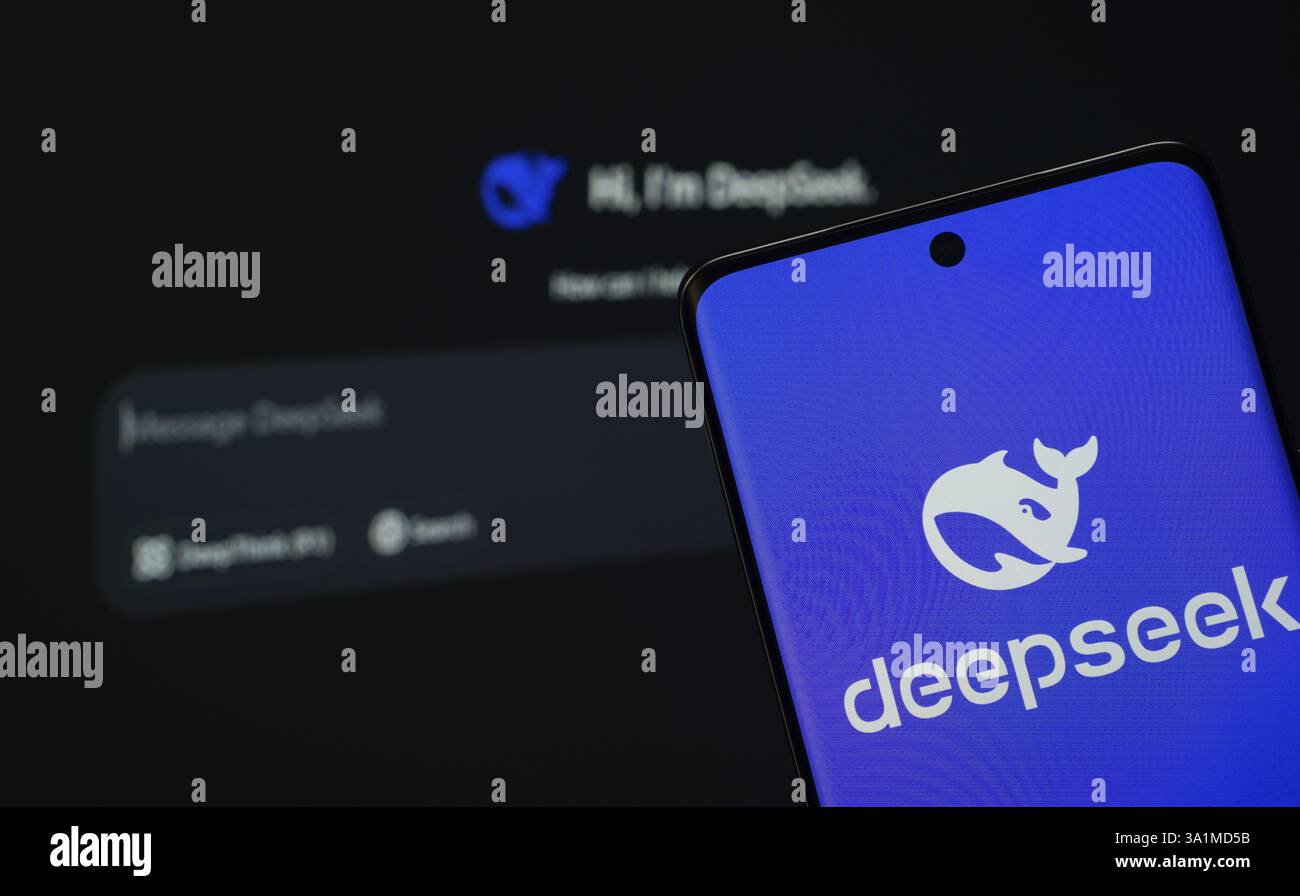 deepseek logo is displayed on a smartphone screen, with the deepseek ...