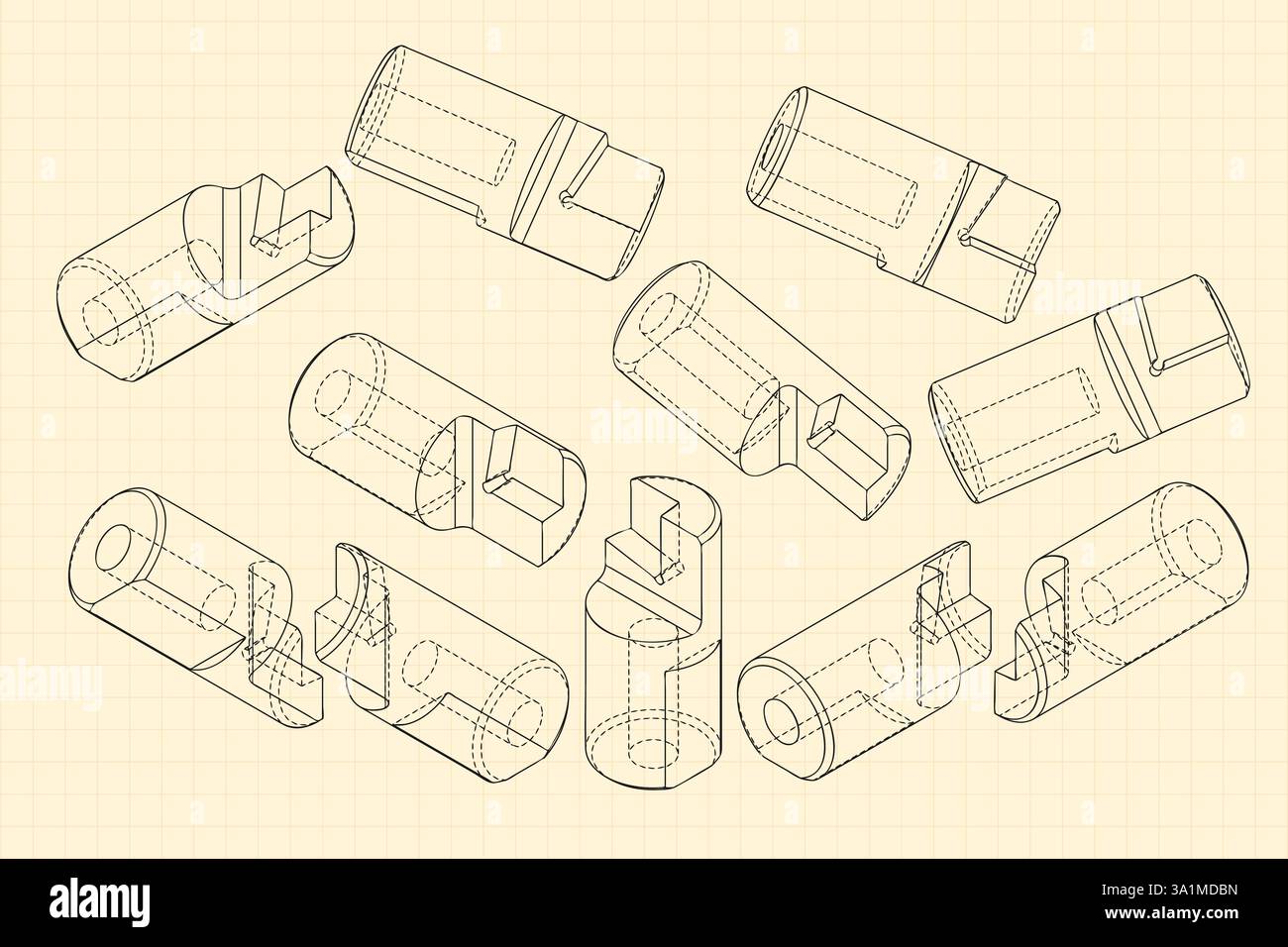 Mechanical engineering drawings on sepia background. Cutter, assembly ...