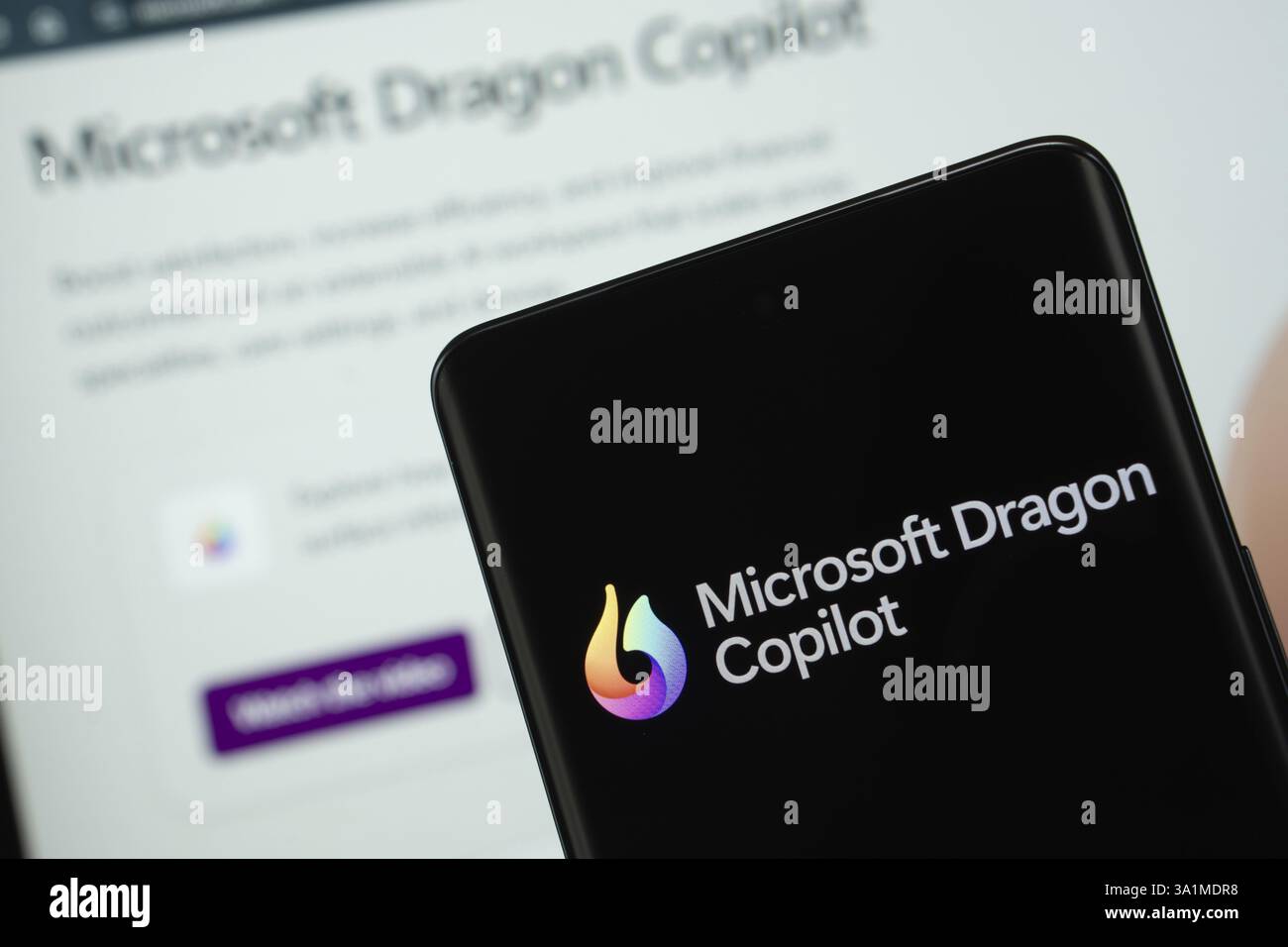 Microsoft dragon copilot logo is displayed on a smartphone screen, with the microsoft dragon ...