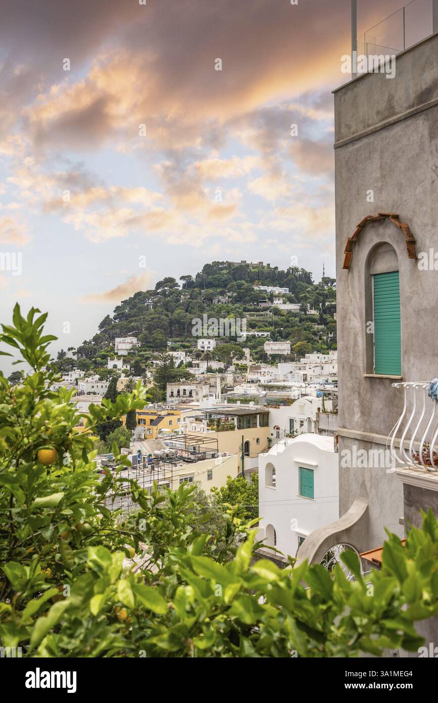 Mediterranean coastal town. View over the streets and roofs that run ...
