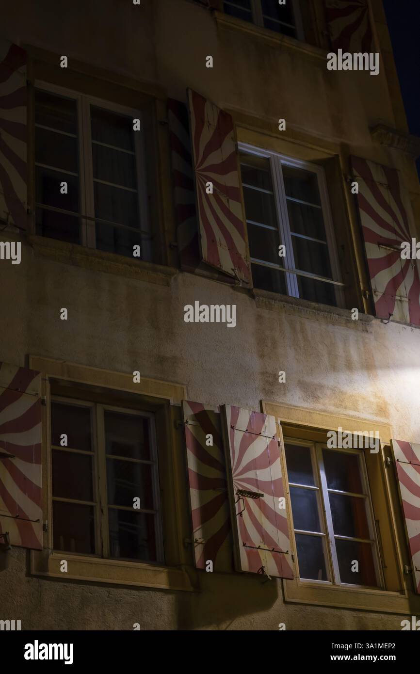 Old Town with Illuminated House with Window and Shutter at Night in ...