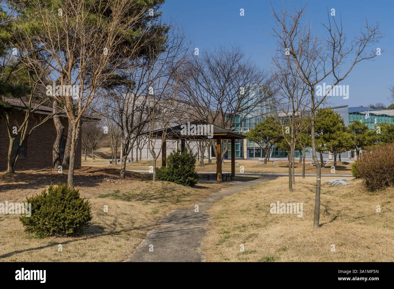 Jincheon, South Korea, March 12, 2020: Sidewalk through park next to ...