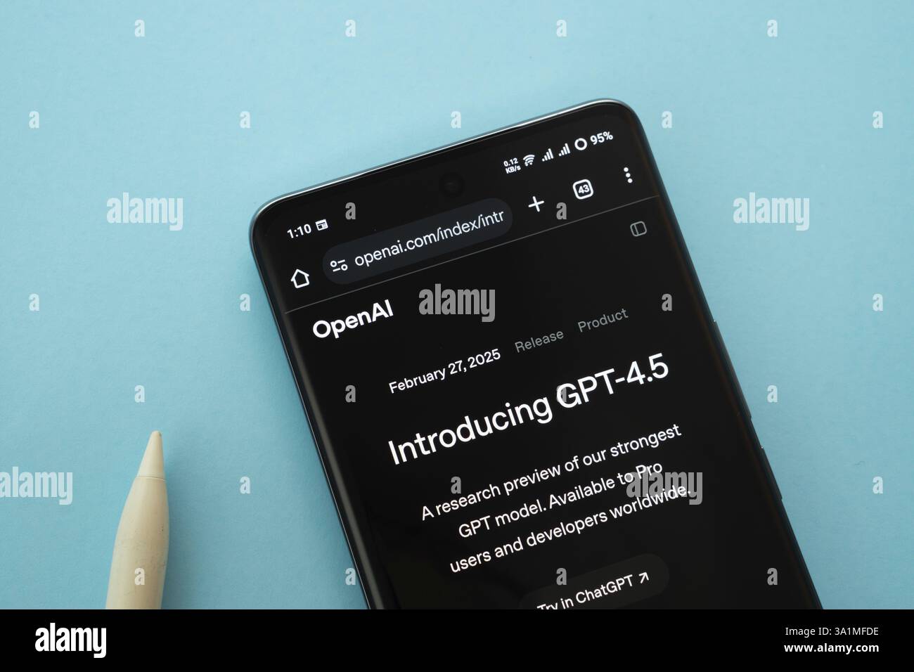A smartphone screen featuring the introduction of GPT-4.5 Stock Photo ...