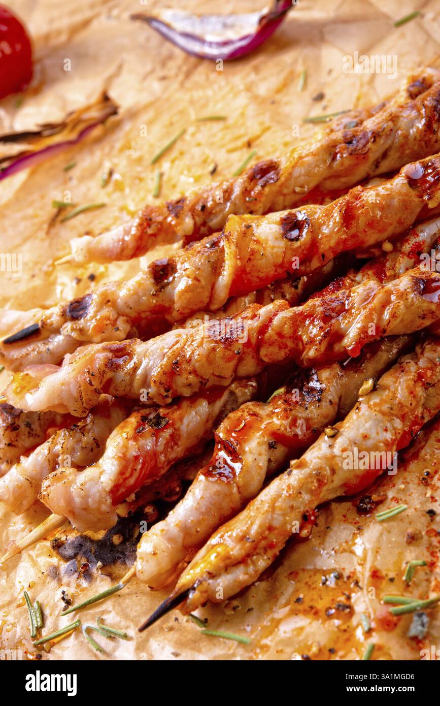 Fresh and crispy rustic pork belly grill sticks Stock Photo - Alamy