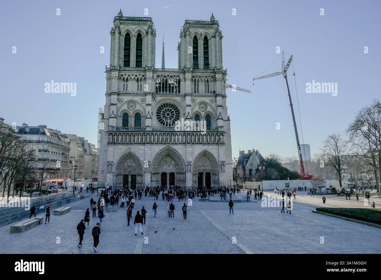 Paris France, March 6, 2025. Facade of Notre Dame de Paris on the ...