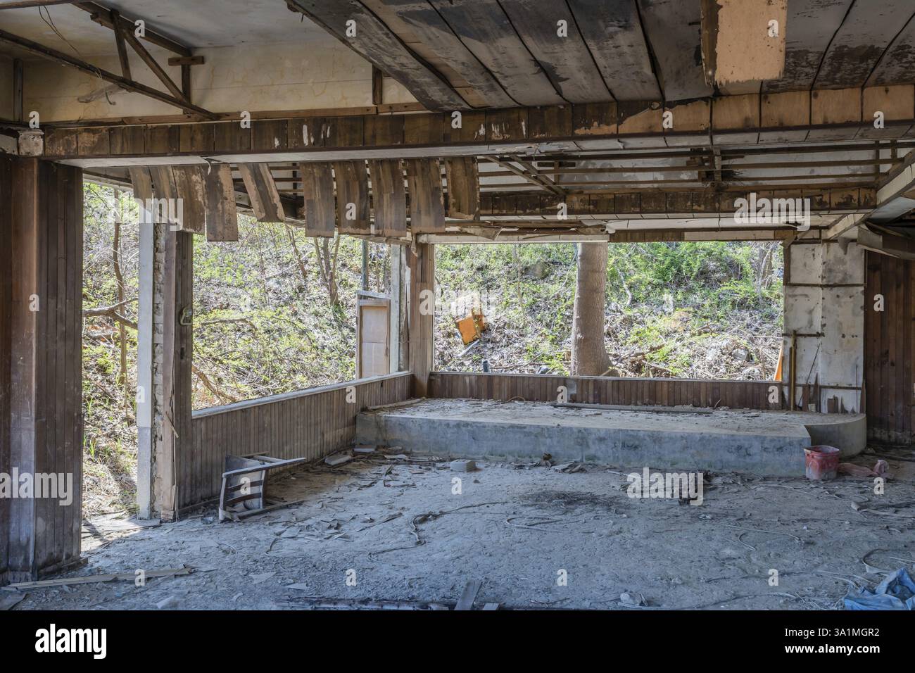 Hwanggan, South Korea, April 8, 2020: Interior of abandoned restaurant ...