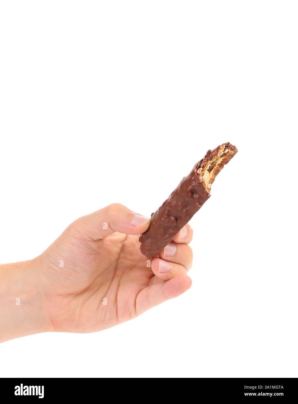 Hand holds bitten chocolate bar. White background Stock Photo - Alamy