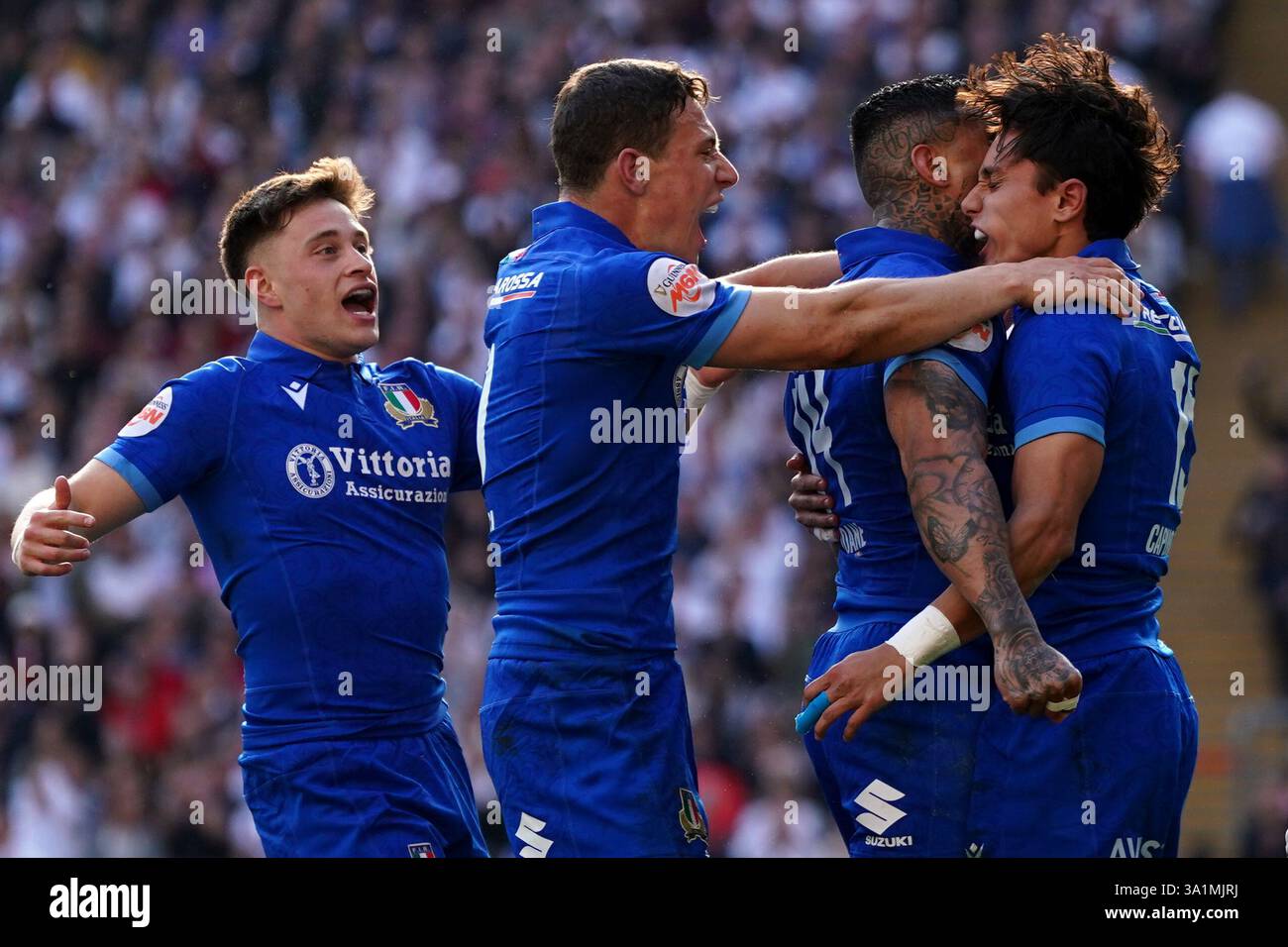 London, England. 9th March, 2025. Italy's Ange Capuozzo celebrates ...
