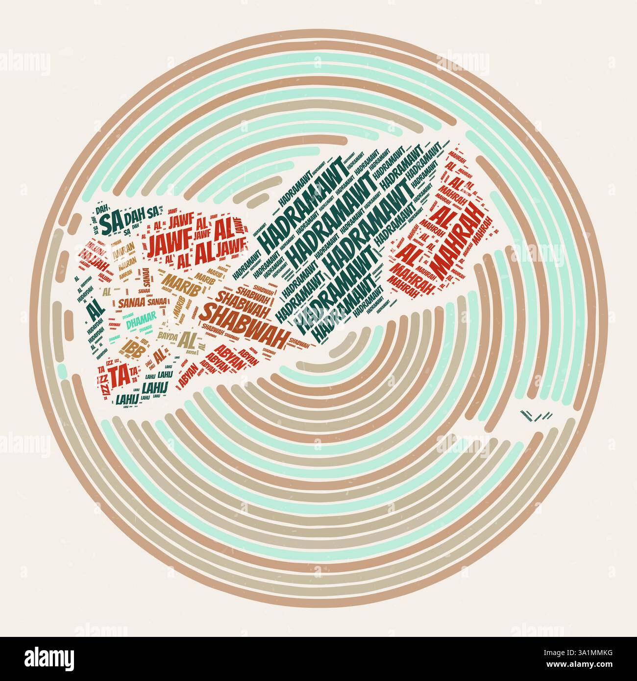Yemen round poster. Typography style image of the country. Regions word ...