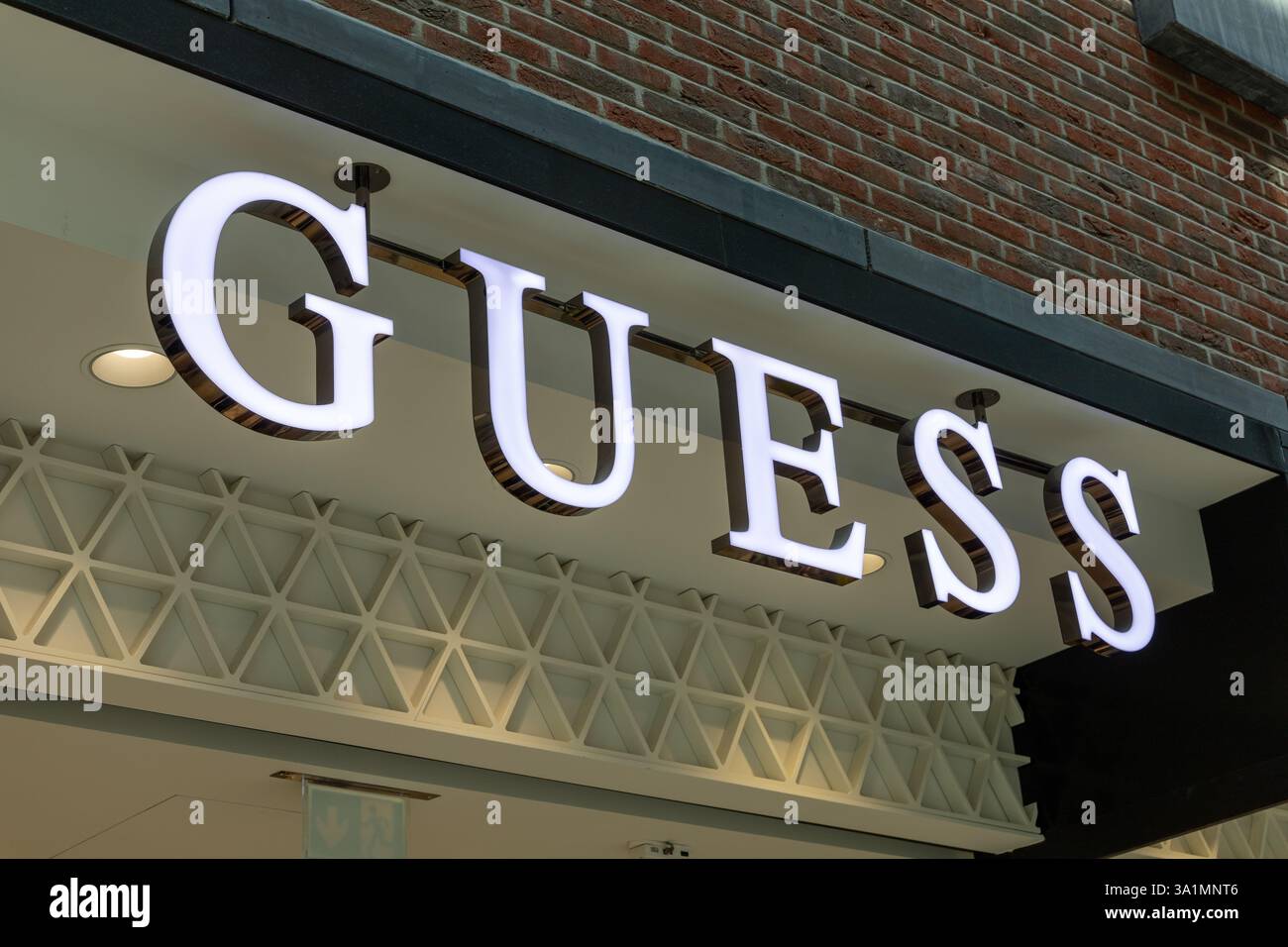 Guess logo sign above the shop entrance in Utrecht, Guess is an ...