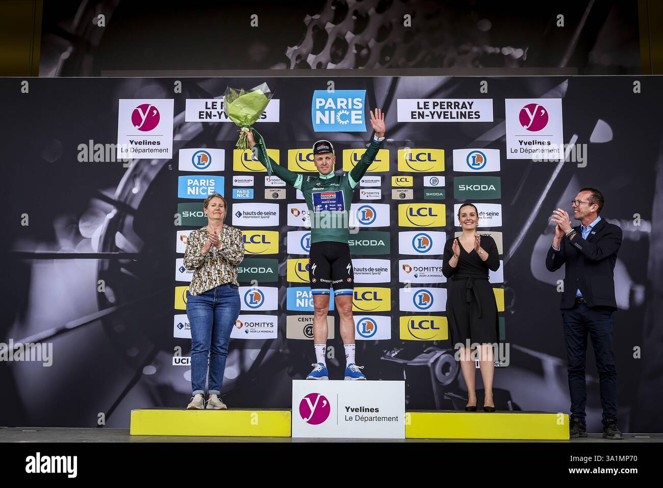 Belgian Tim Merlier of Soudal Quick-Step pictured on the podium after ...