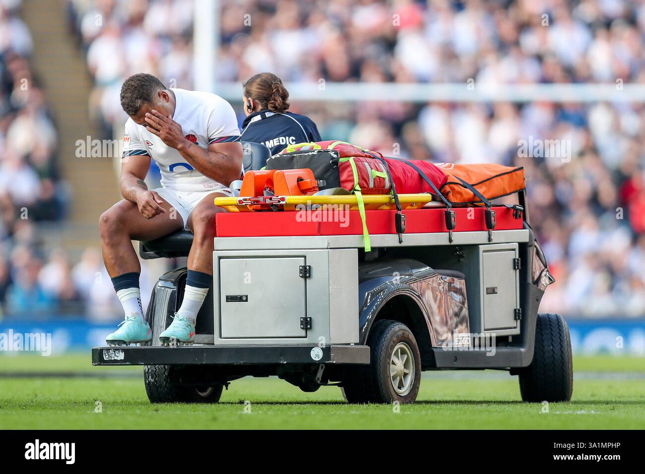 Ollie Lawrence of England eaves the field injured during the 2025 ...